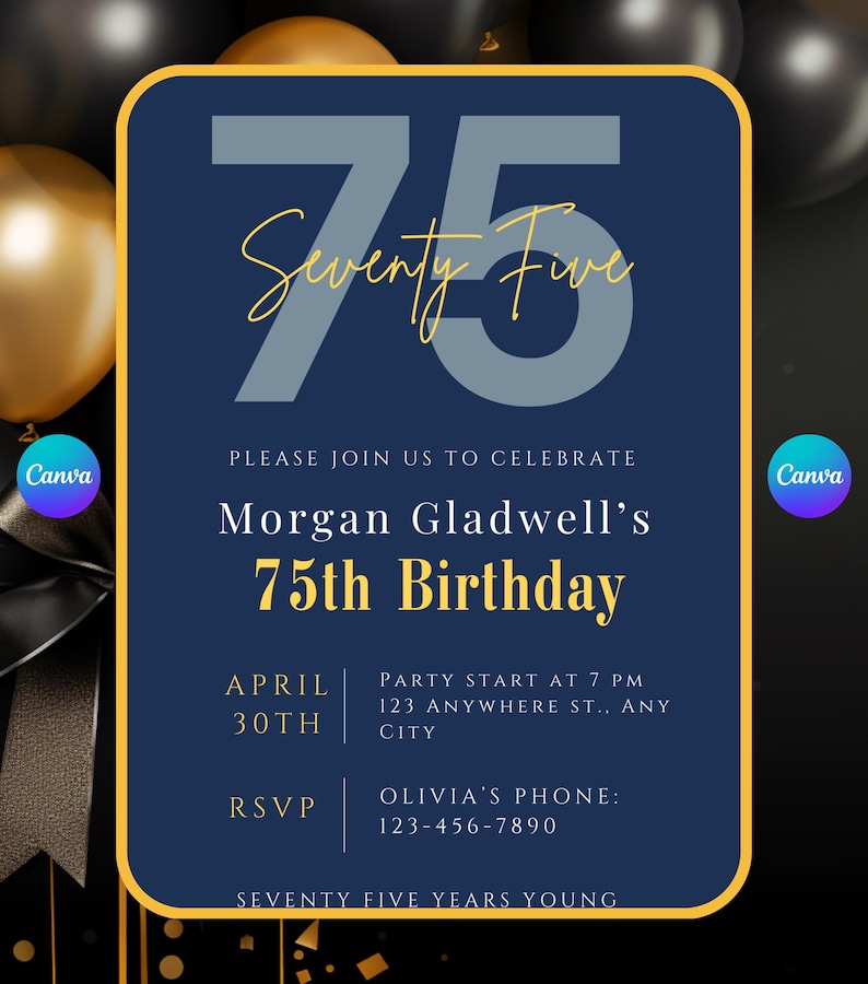 75th Birthday Invitation Editable Digital Invite Instant Download Mens ...