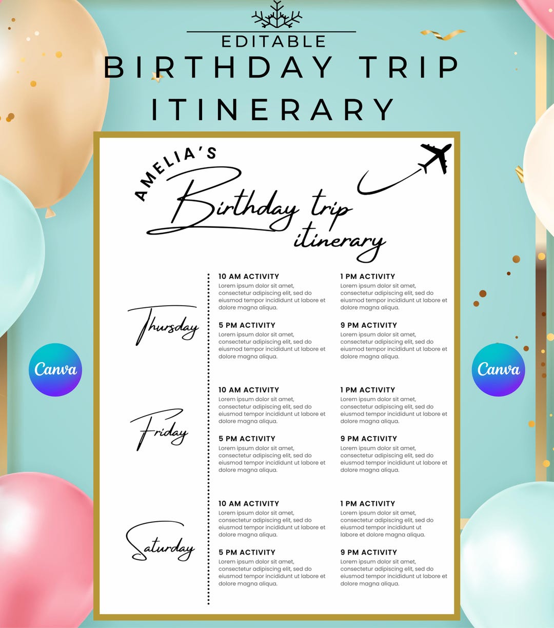 Editable Birthday Trip Itinerary Template Digital Download Travel ...