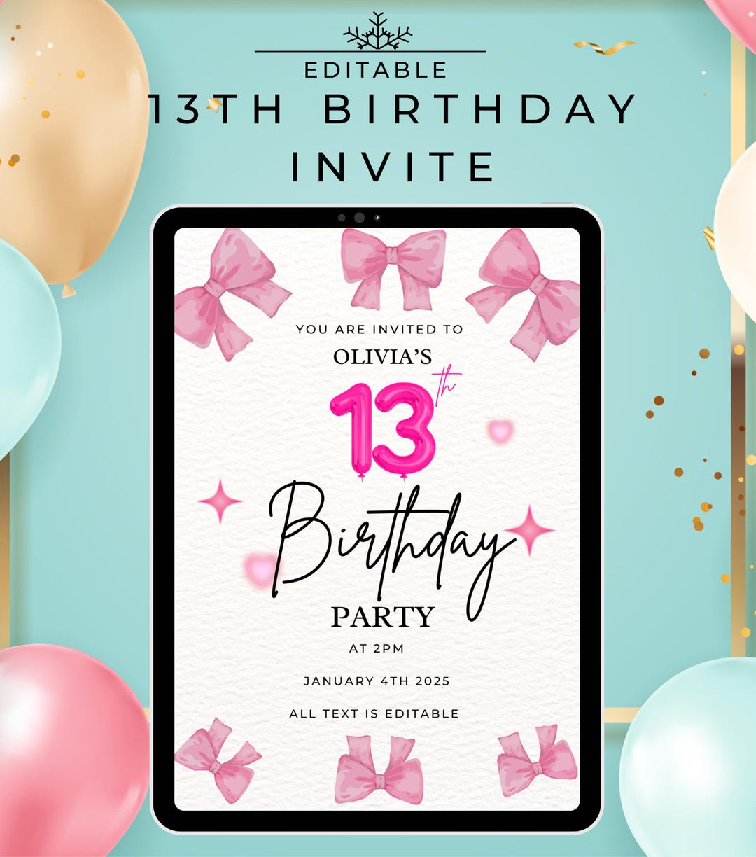 Editable 13th Birthday Invitation Cute Fun Teen 13th Birthday Party ...