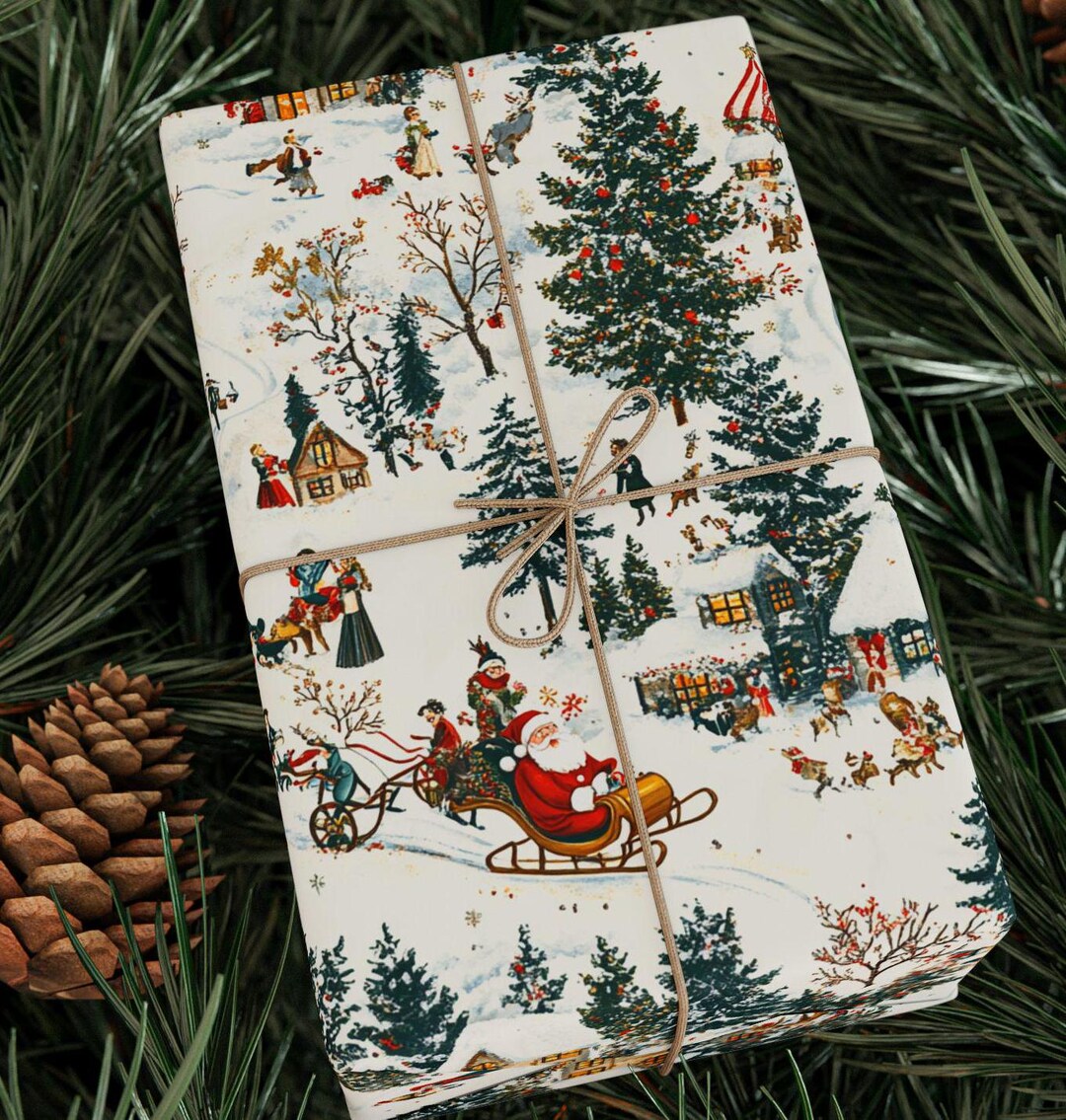 Vintage Forest Christmas Themed Wrapping Paper Forest Xmas Scene Gift ...