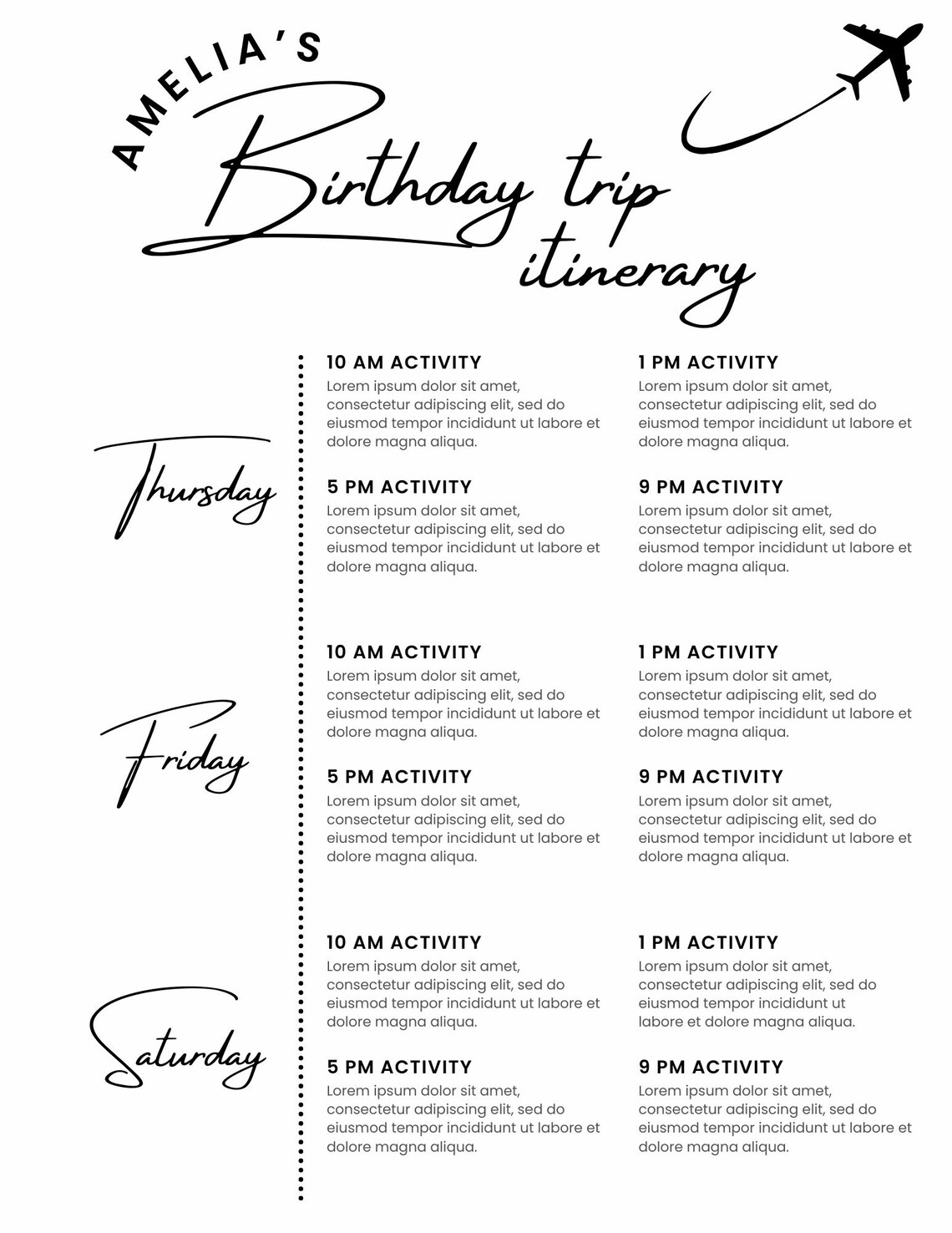 Editable Birthday Trip Itinerary Template Digital Download Travel ...