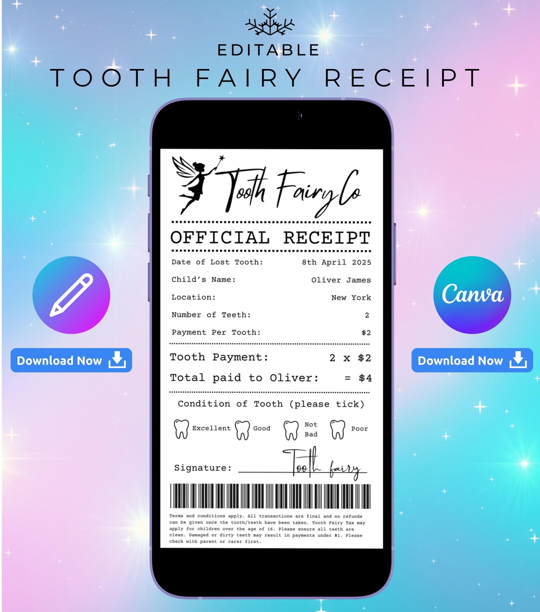 Editable Tooth Fairy Letter Receipt Printable First Tooth Certificate ...