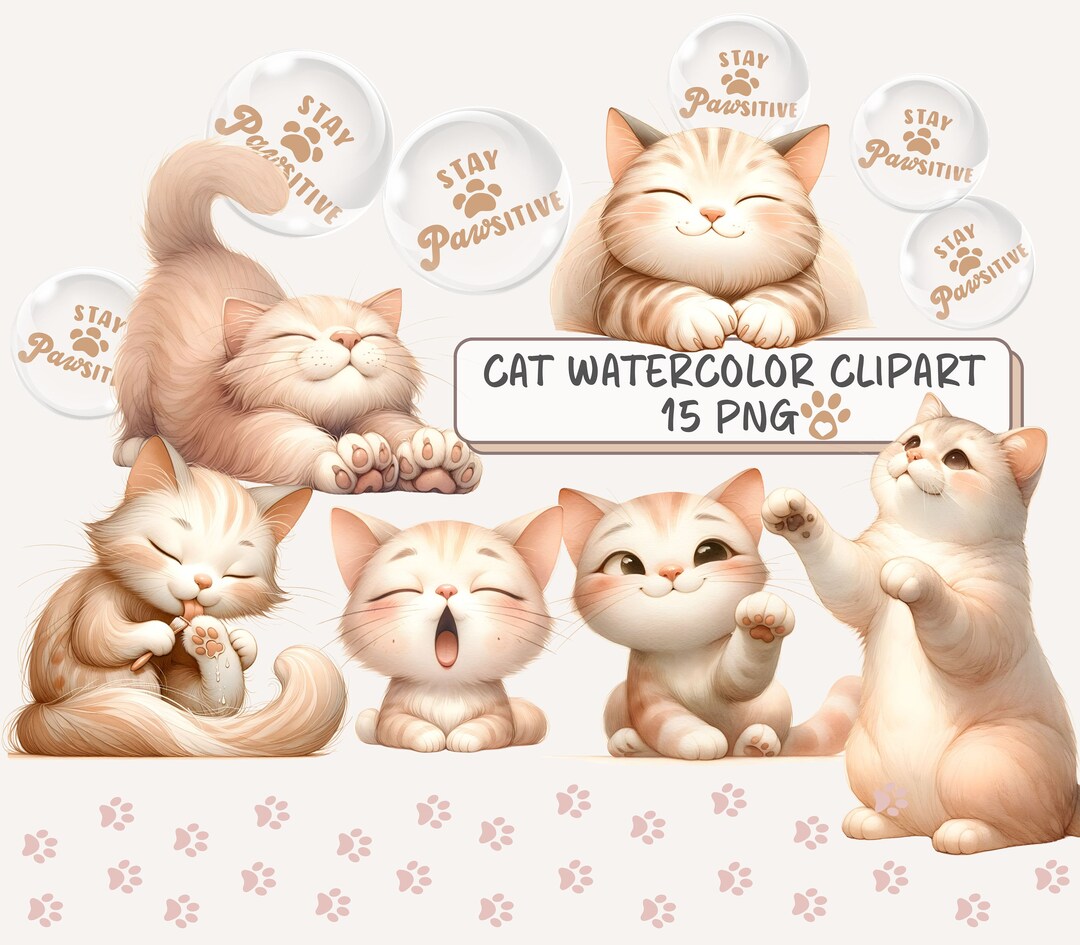 Whimsical Cat Watercolor Clipart - Cute Kitten Illustrations PNG for ...