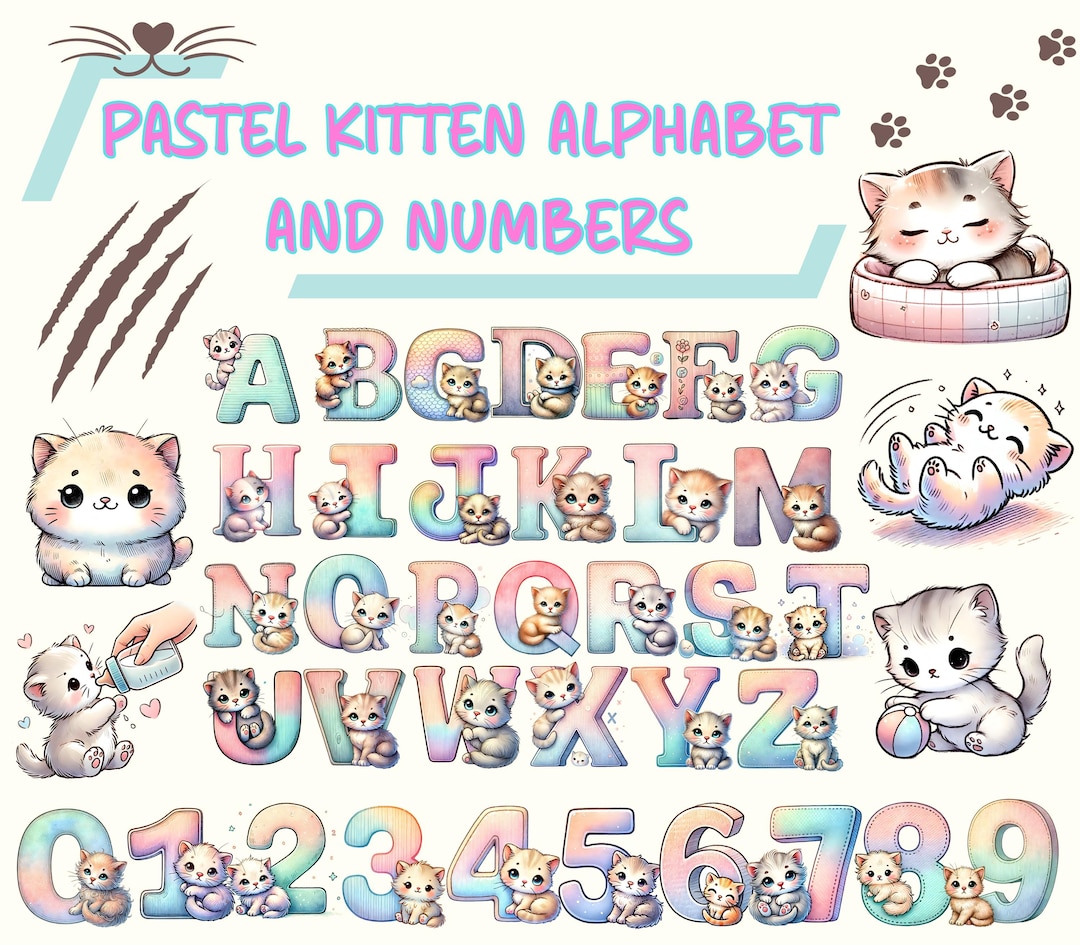 Pastel Cute Kitten Letters & Numbers | Whimsical Cat Alphabet Set ...