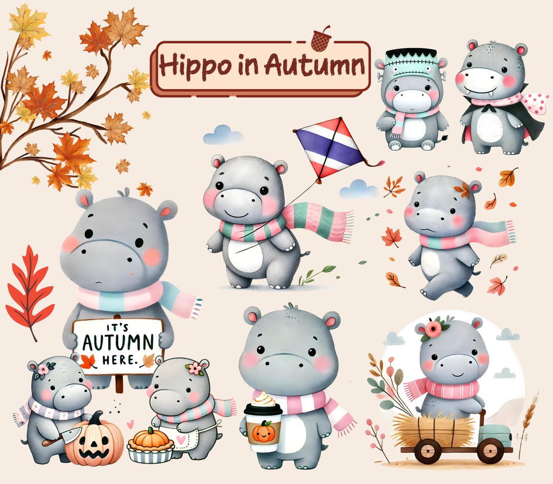 Hippo Autumn Clipart Collection | Ai-generated Cute Hippos for Fall ...