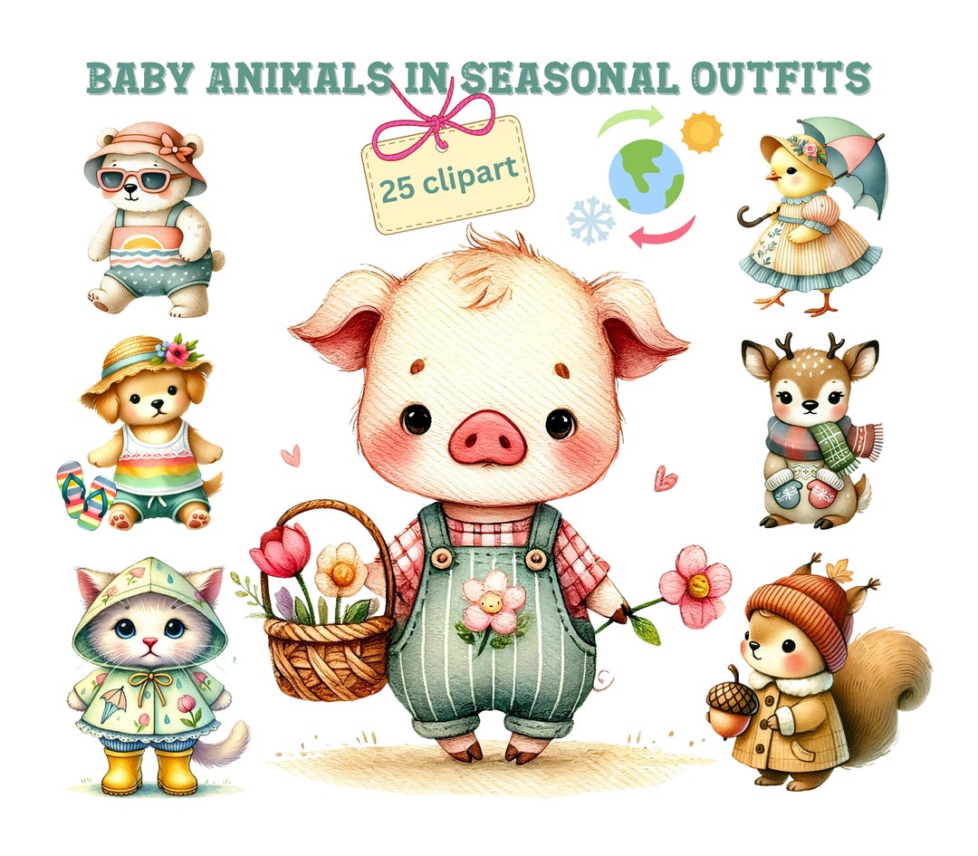 Baby Animals in Seasonal Outfits Clipart - 25 Adorable Seasonal Animal ...