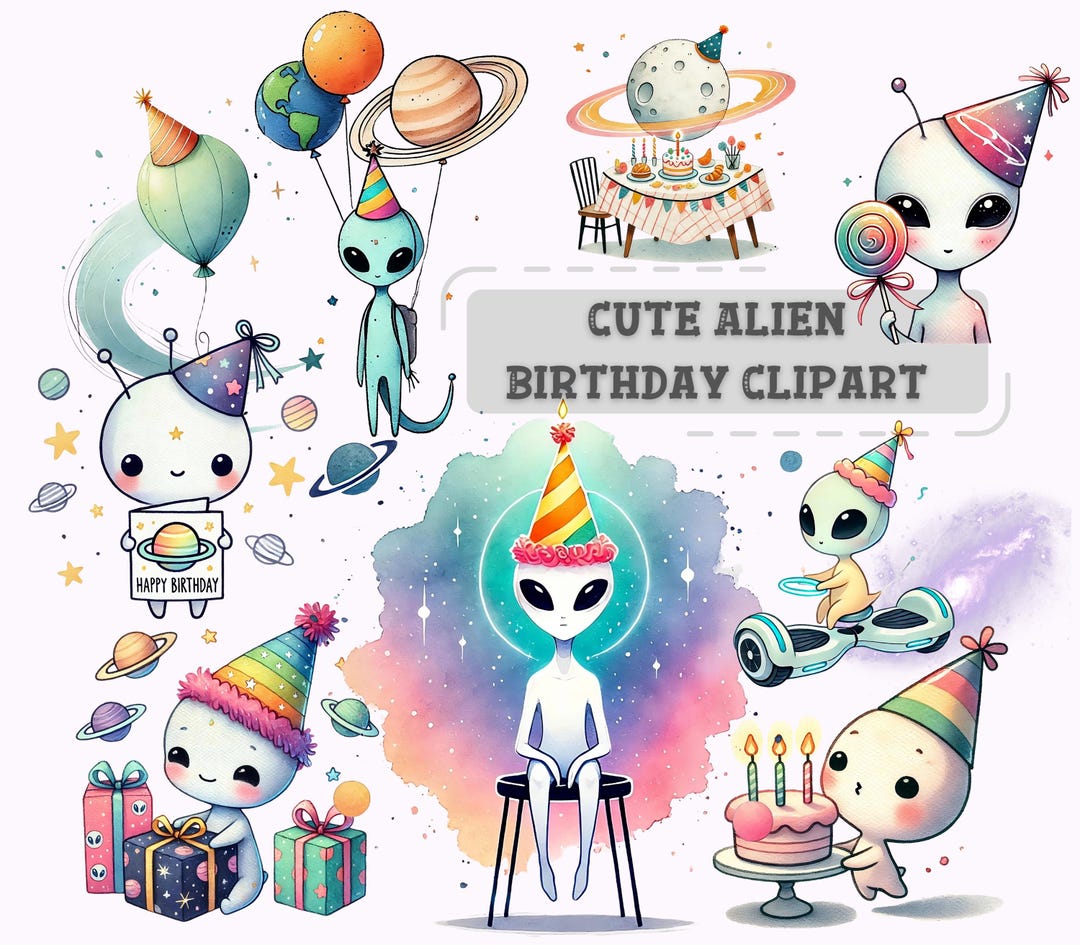 Cute Alien Birthday Clipart Set | Kawaii Space Party Art for Kids ...