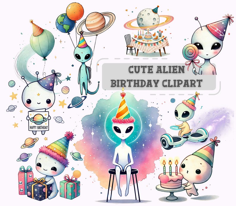 Cute Alien Birthday Clipart Set | Kawaii Space Party Art for Kids ...