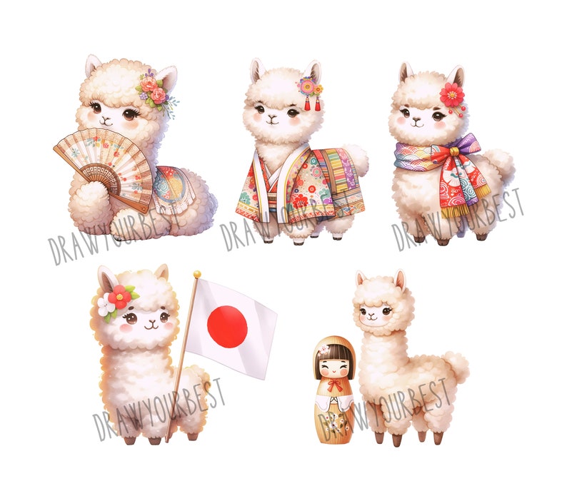 Japanese Alpaca Watercolor Clipart - Cute Alpaca Digital Art, Japan ...