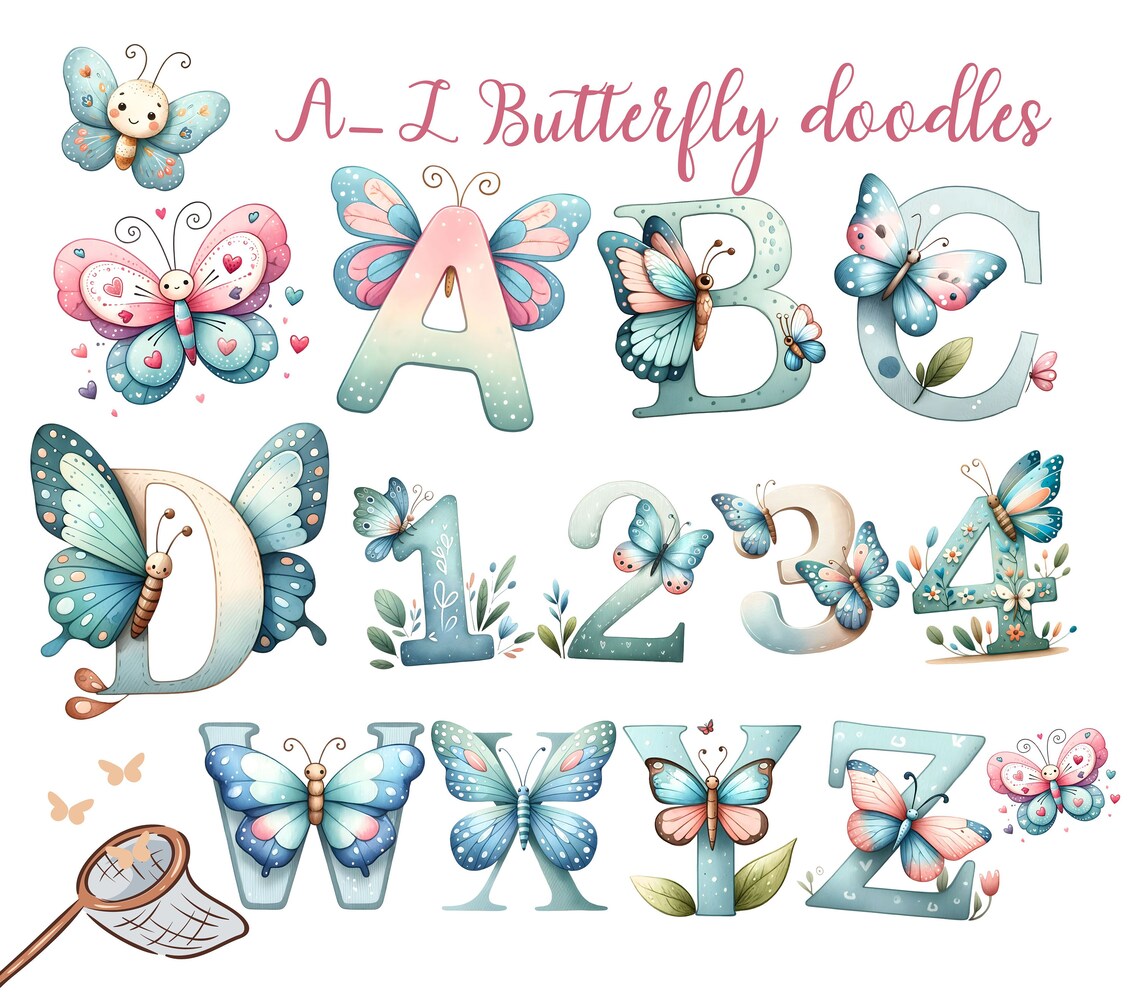 Butterfly Alphabet and Number Art - A to Z & Numbers Whimsical Doodles ...