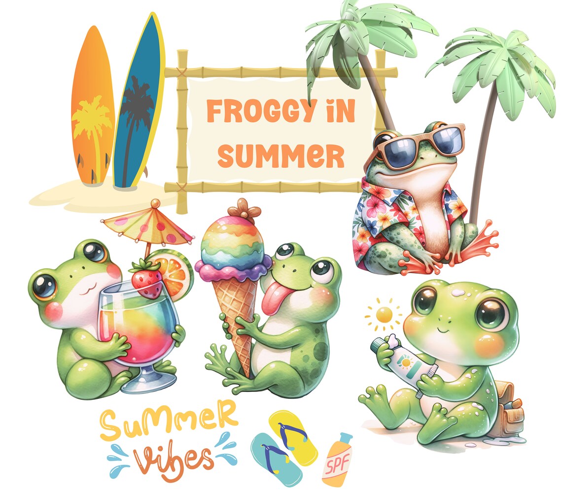 Summer Frog Clipart - Cute Froggy Digital Download - Tropical Beach ...