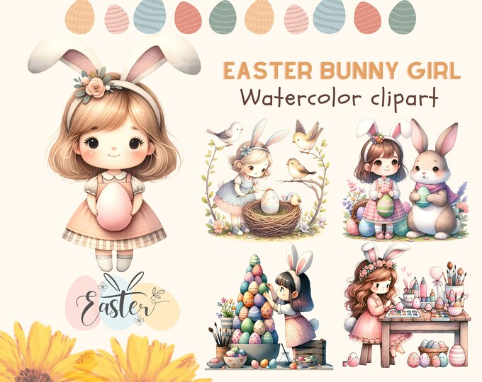 Easter Bunny Girl Clipart - Watercolor Pastel Easter Eggs and Florals ...