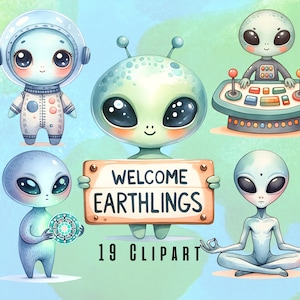 Welcome Earthlings - Cute Alien Clipart for Kids Room Decor - Etsy
