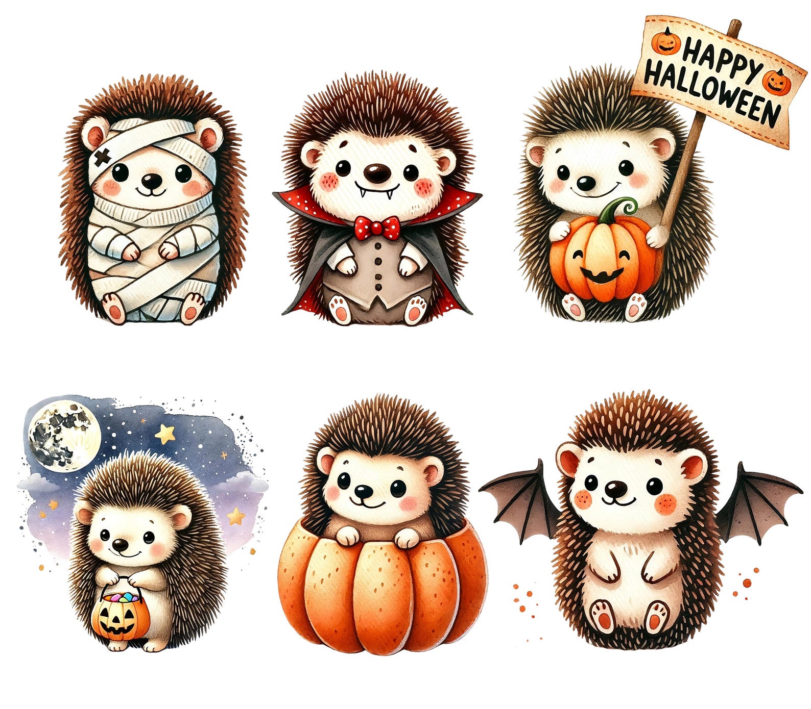 Adorable Halloween Hedgehog PNG Set Cute Kawaii Animal Designs Trick or ...