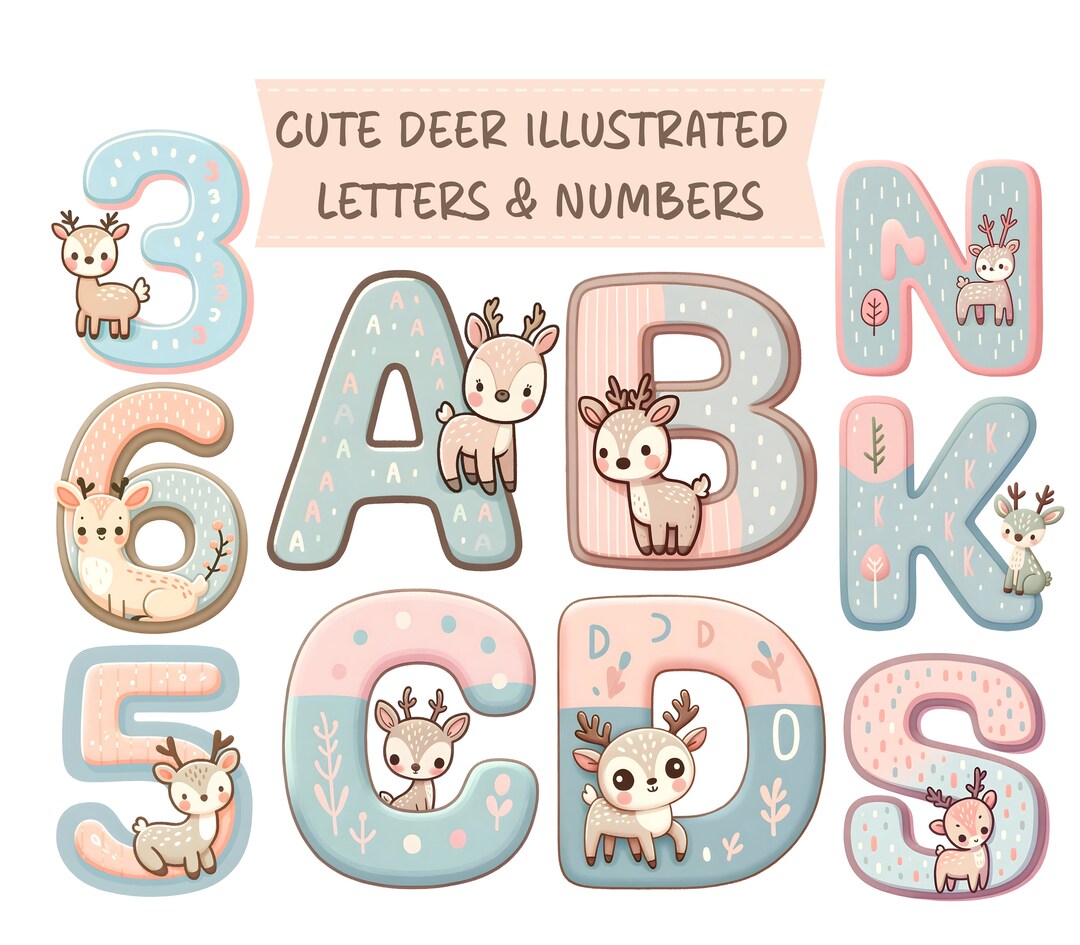 Nursery Alphabet Art - Cute Deer Illustrated Letters & Numbers - Pastel ...