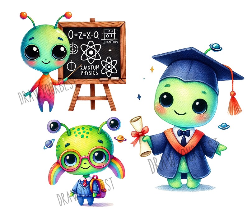 Fun Alien in School Clipart Pack - Cute Extraterrestrial Characters for ...