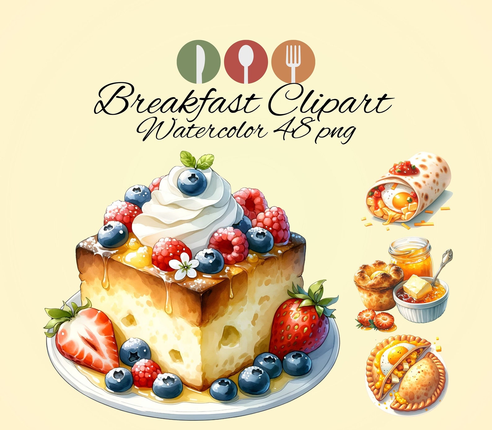 Delightful Breakfast Watercolor Clipart Set, High-resolution Digital ...