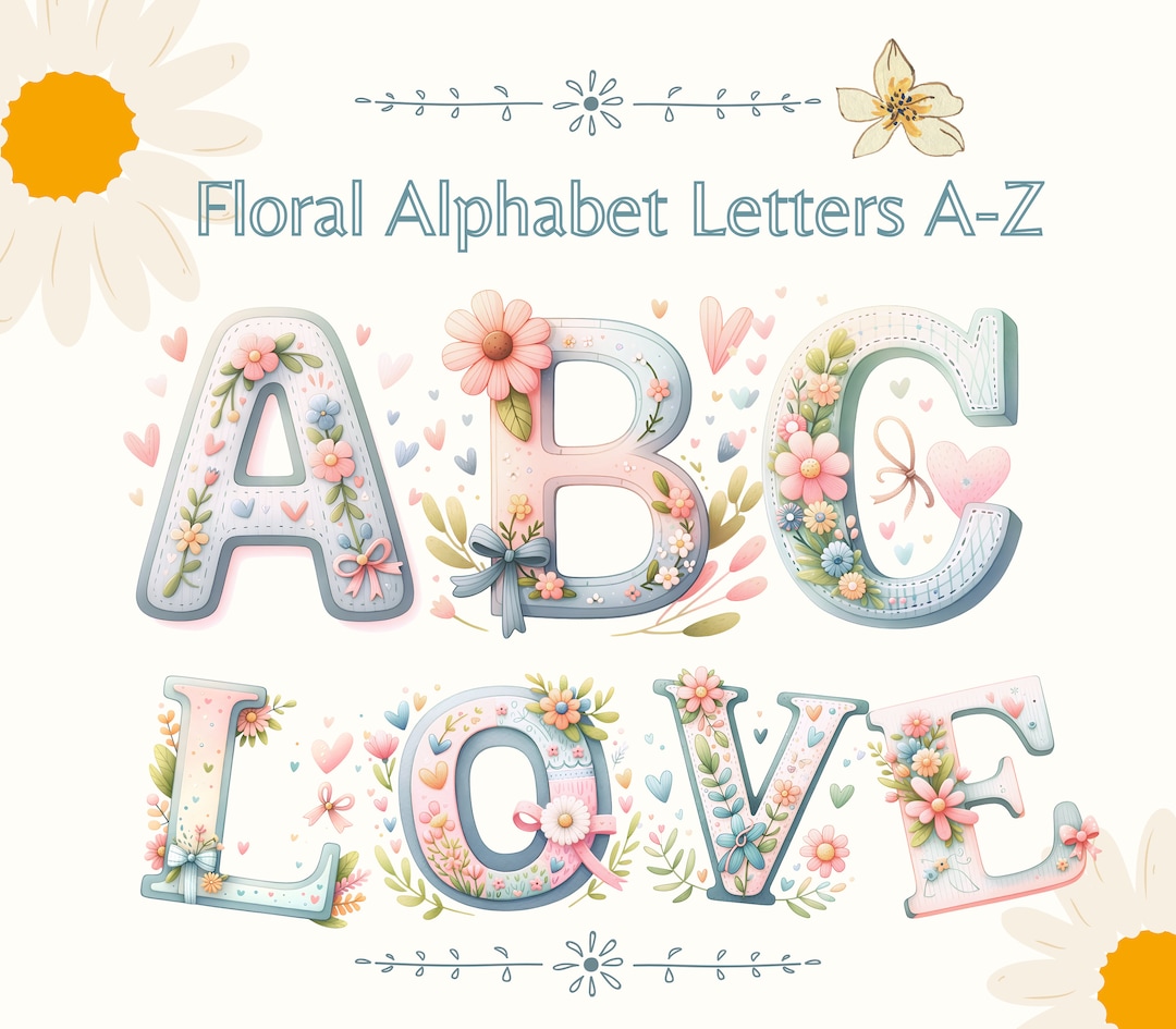 Floral Alphabet Letters A-Z - Pastel Nursery Decor, ABC Love Doodle Art ...