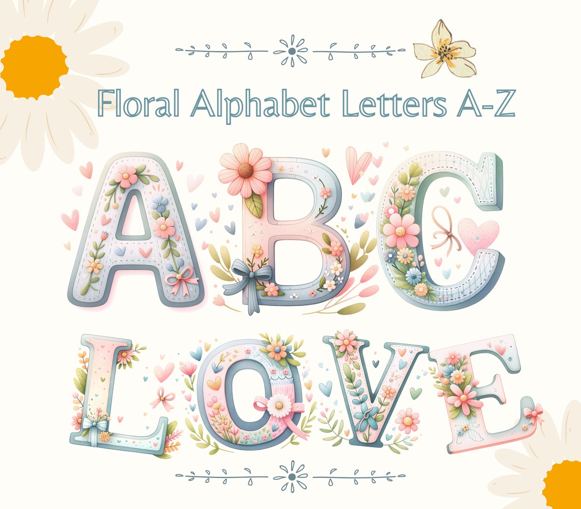 Floral Alphabet Letters A-Z - Pastel Nursery Decor, ABC Love Doodle Art ...