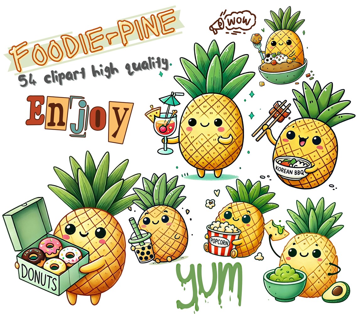 Pineapple Foodie Clipart Pack - 54 Cute and High-quality PNG Images for ...