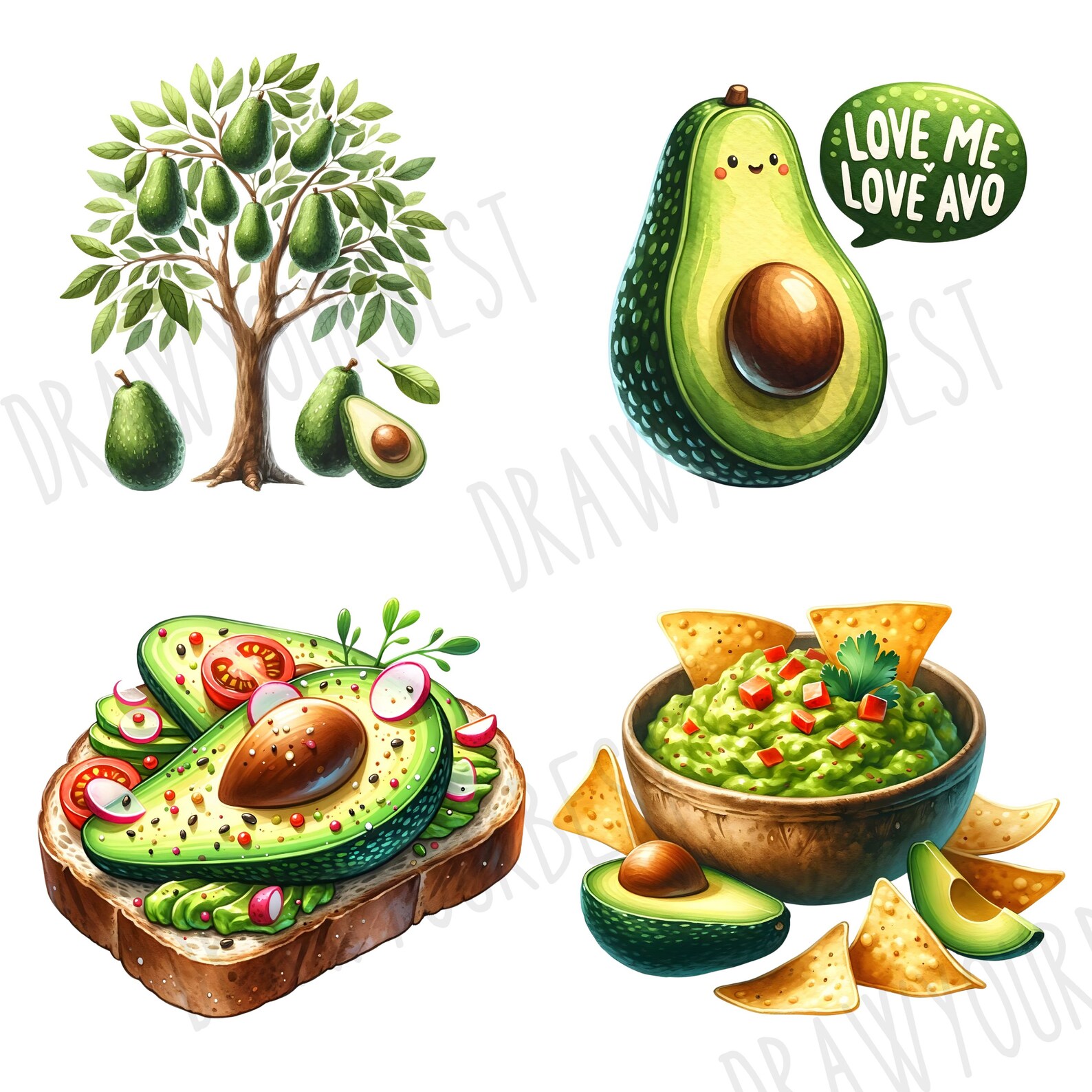 Cute Avocado Character Set - Charming Illustrated Avocados - Etsy