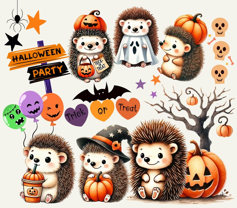 Adorable Halloween Hedgehog PNG Set | Cute Kawaii Animal Designs ...