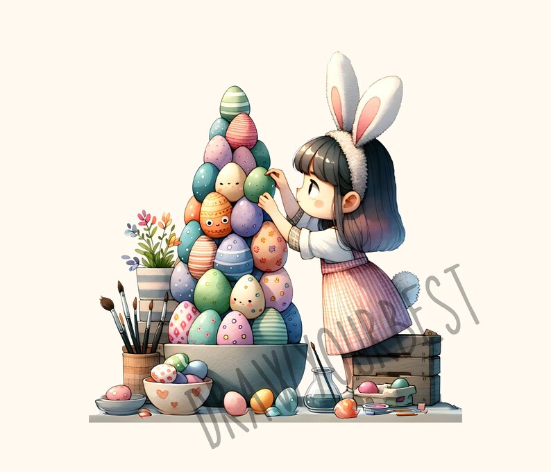 Easter Bunny Girl Clipart - Watercolor Pastel Easter Eggs and Florals ...