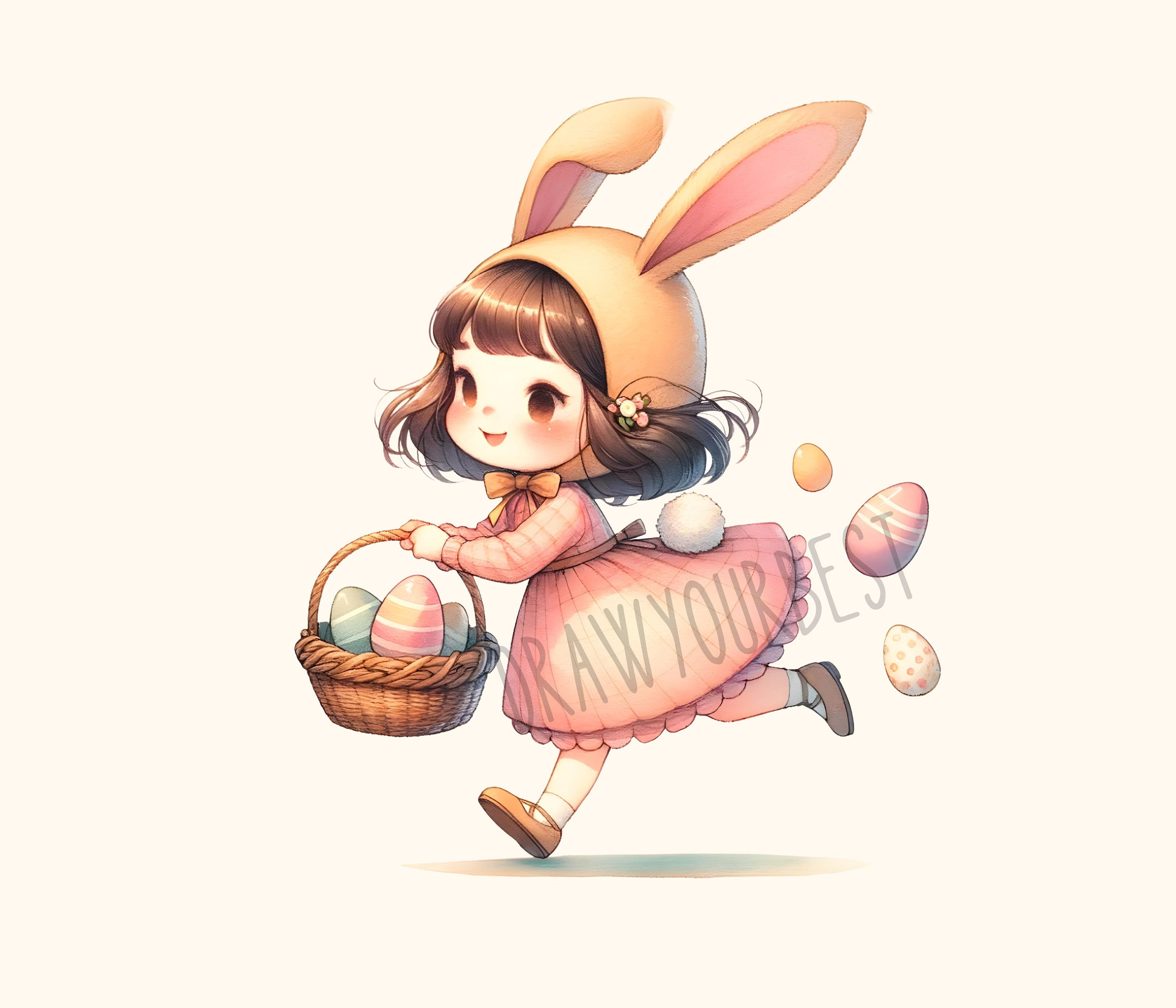 Easter Bunny Girl Clipart - Watercolor Pastel Easter Eggs and Florals ...