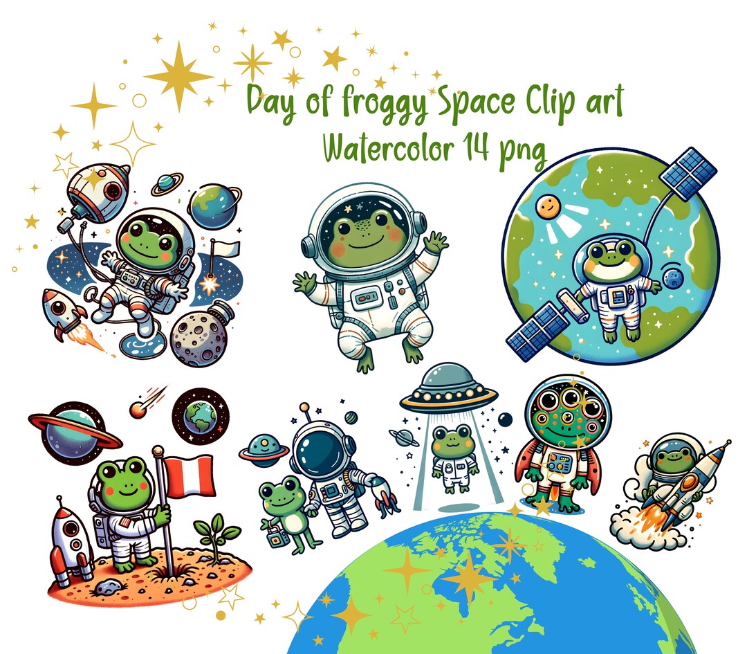 Froggy Space Clipart Collection - Whimsical Astronaut Frog Digital Art ...