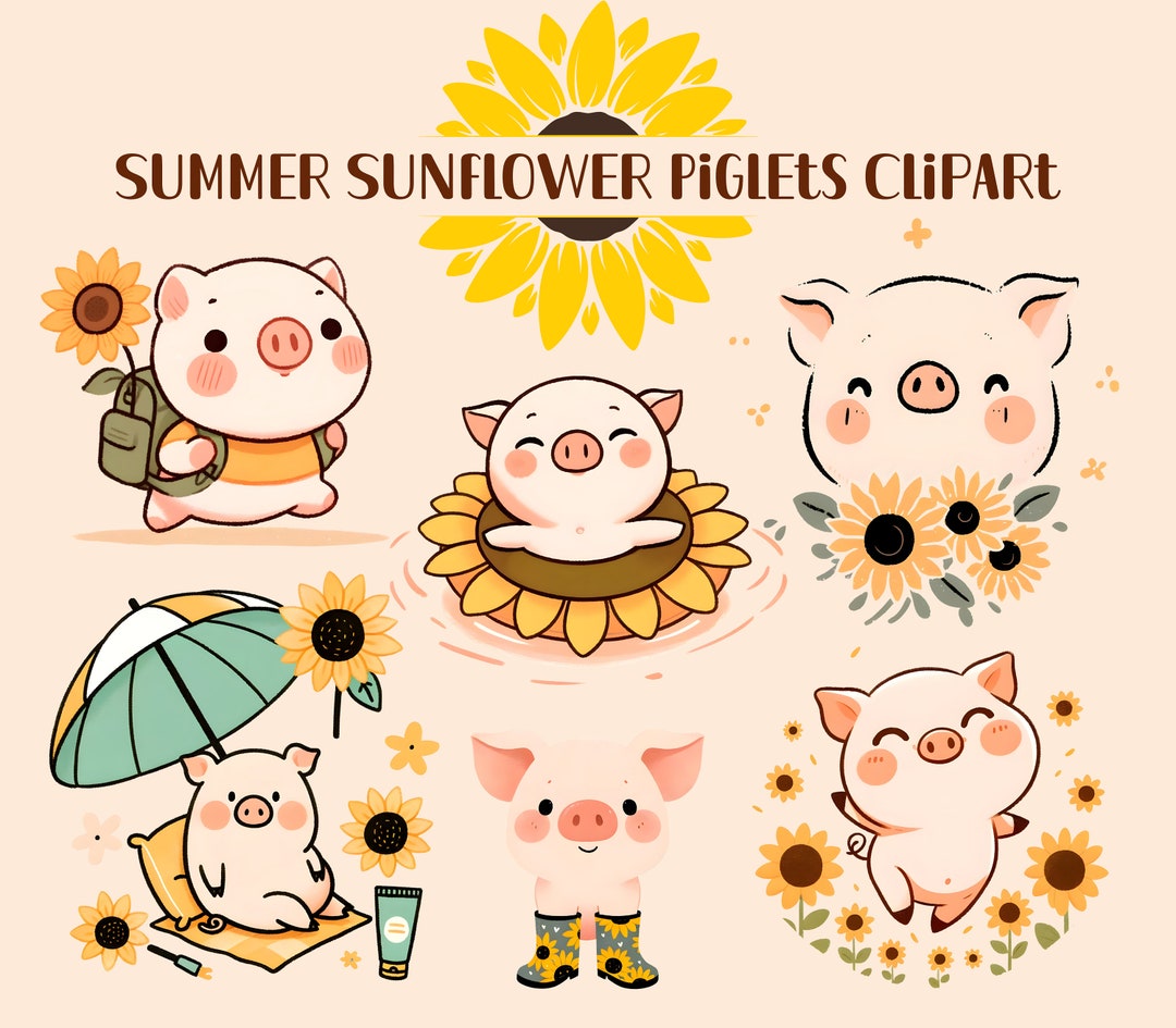 Summer Sunflower Piglets Clipart - Playful Pig Illustrations - Etsy