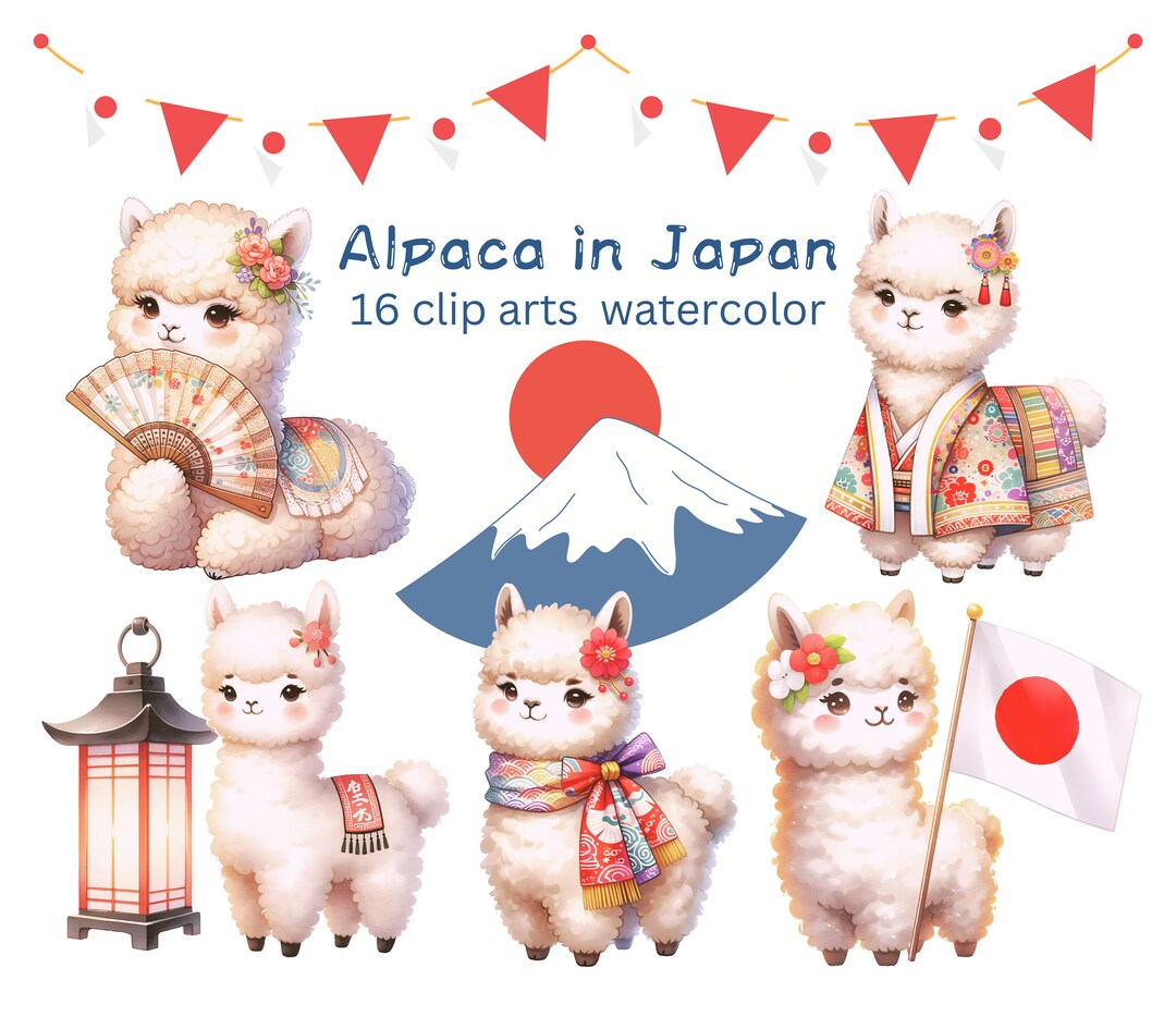 Japanese Alpaca Watercolor Clipart - Cute Alpaca Digital Art, Japan ...