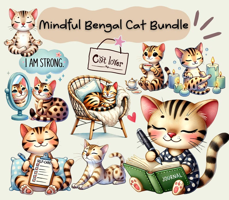 Mindful Bengal Cat Clipart Bundle | AI Digital Art Bundle for Self-care ...