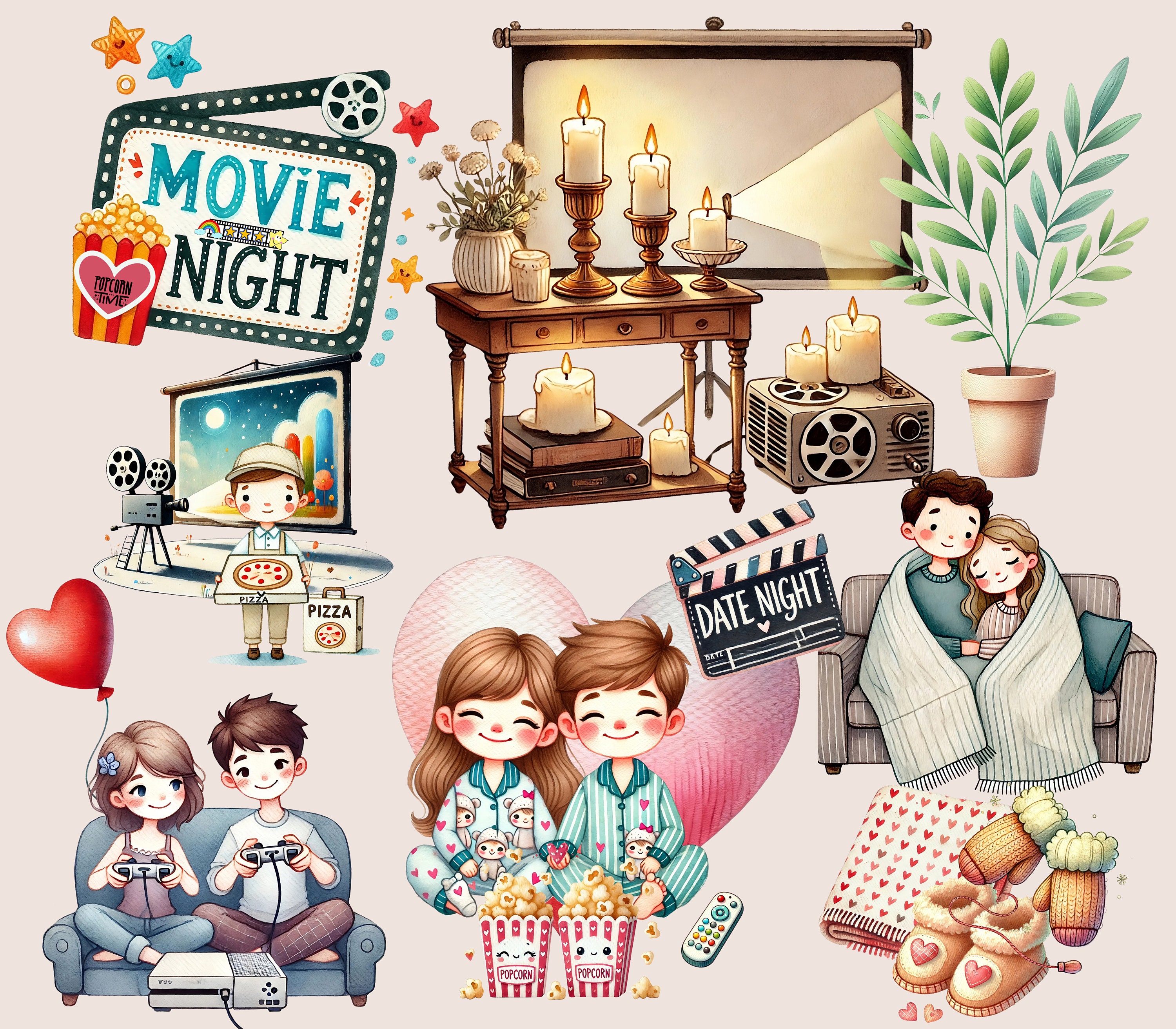 Date Night Digital Clipart Bundle 56 PNG Cozy Movie Night Illustrations ...