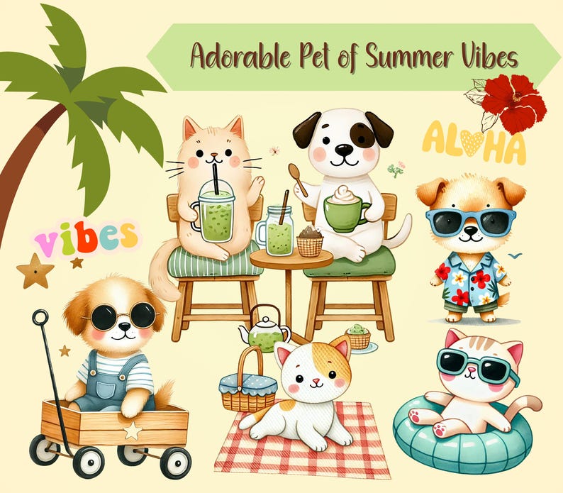 Adorable Pet of Summer Vibes Digital Art Print | Cute Cats & Dogs ...