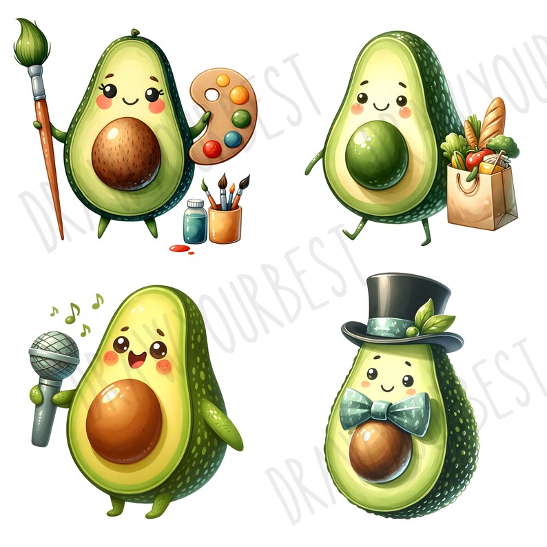 Cute Avocado Character Set - Charming Illustrated Avocados - Etsy