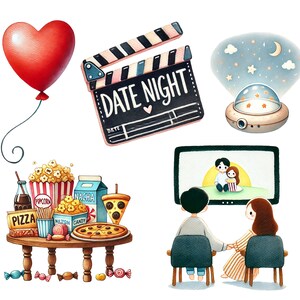 Date Night Digital Clipart Bundle | 56 PNG Cozy Movie Night ...