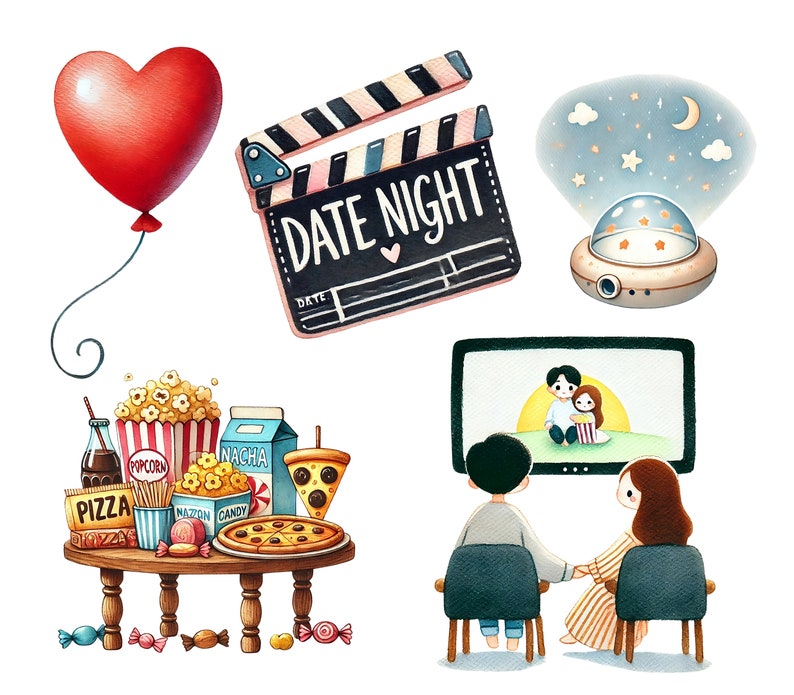 Date Night Digital Clipart Bundle | 56 PNG Cozy Movie Night ...