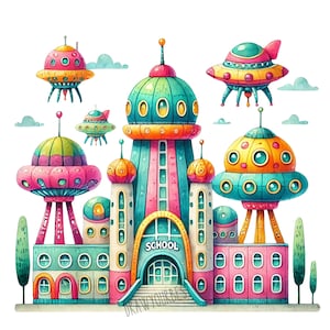 Fun Alien in School Clipart Pack - Cute Extraterrestrial Characters for ...