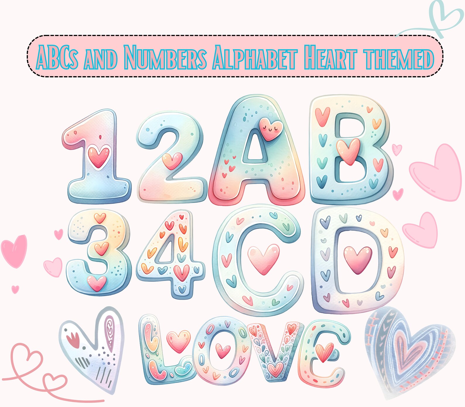 Charming Abcs & Numbers Art, Pastel Tones Alphabet Illustration, Heart ...