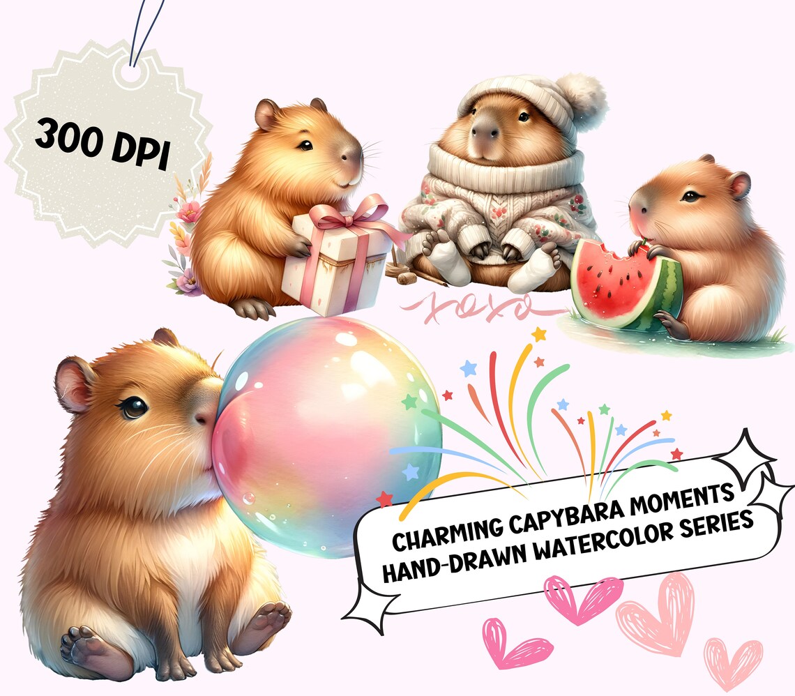 Charming Capybara Moments Hand-drawn Watercolor Series Isolated Artwork ...