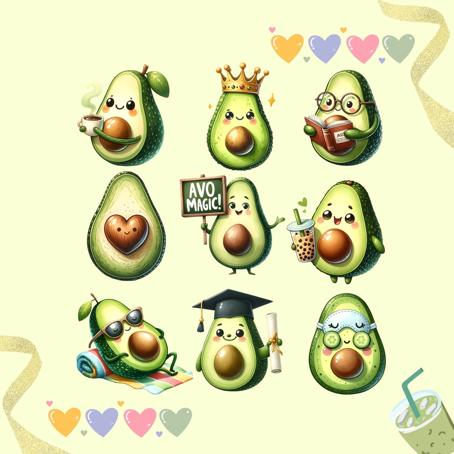 Cute Avocado Character Set - Charming Illustrated Avocados - Etsy