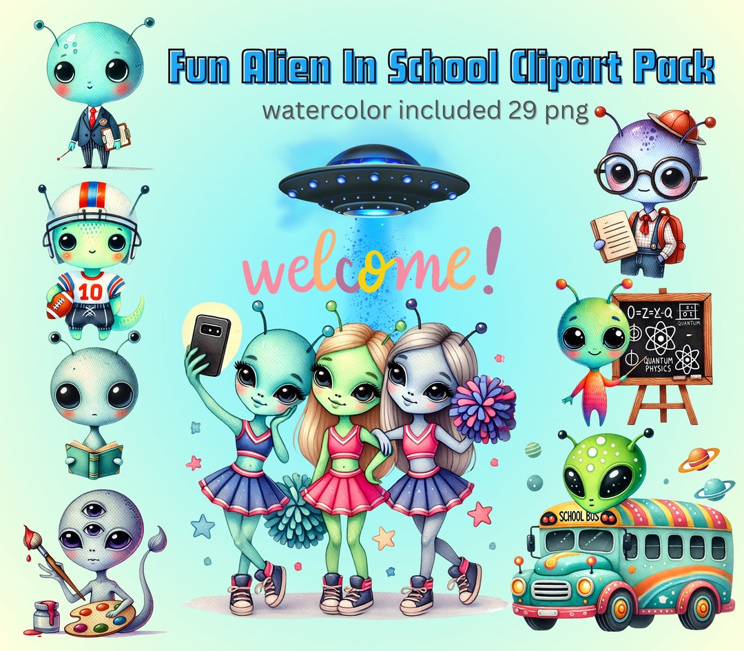 Fun Alien in School Clipart Pack - Cute Extraterrestrial Characters for ...