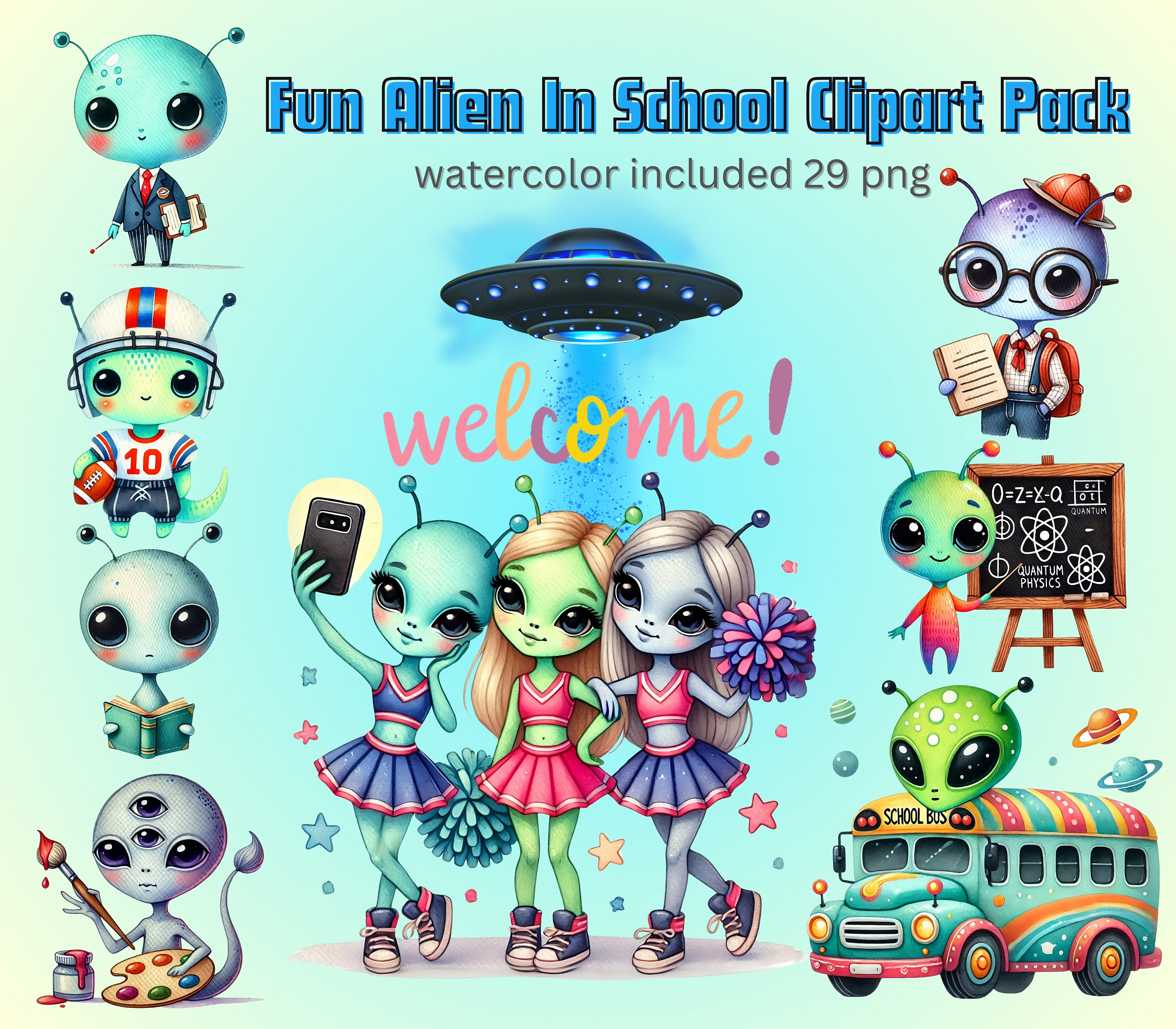 Fun Alien in School Clipart Pack - Cute Extraterrestrial Characters for ...