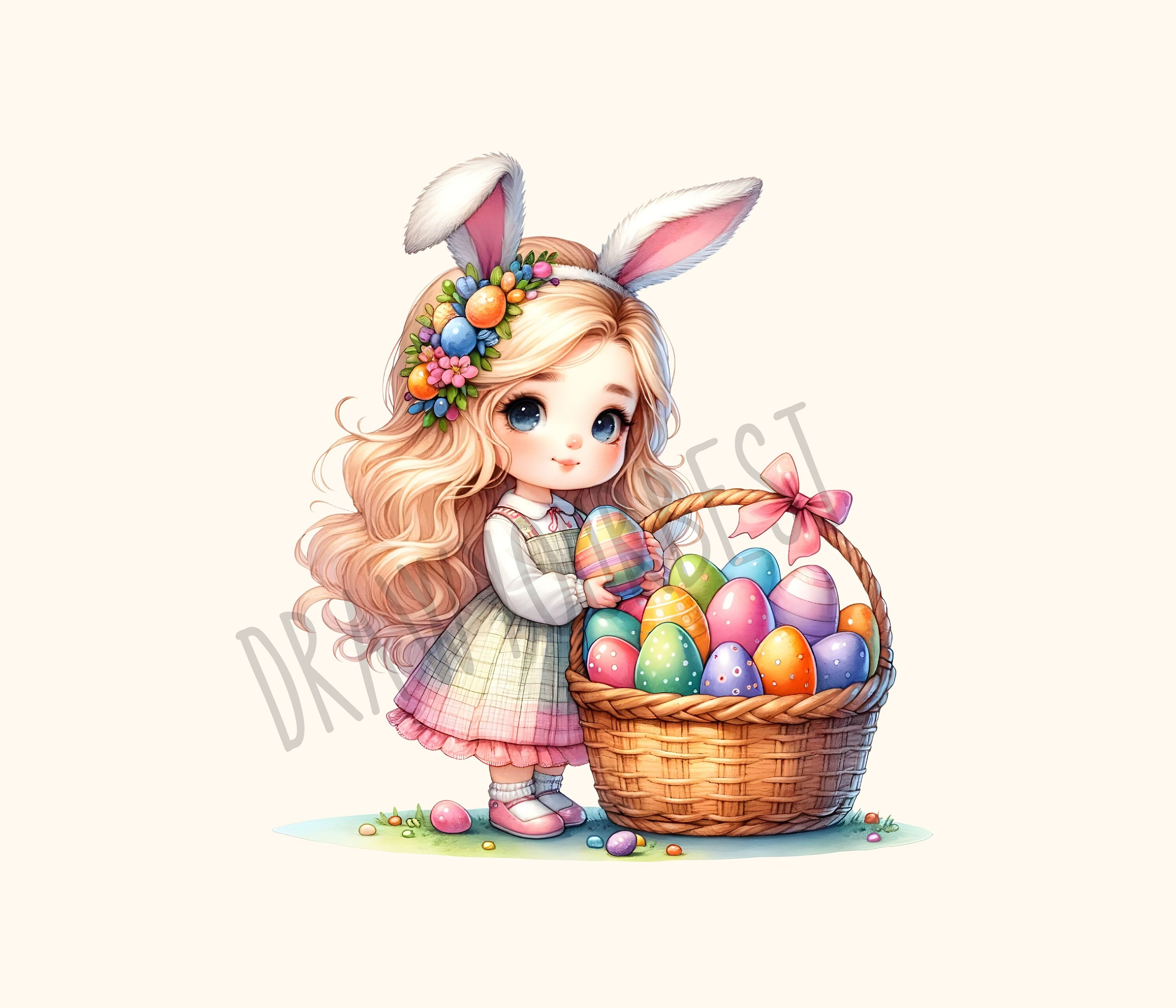 Easter Bunny Girl Clipart - Watercolor Pastel Easter Eggs and Florals ...