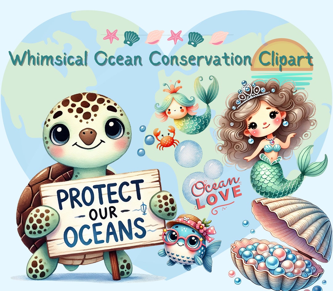 Whimsical Ocean Conservation Clipart - the Marine Life Digital Download ...