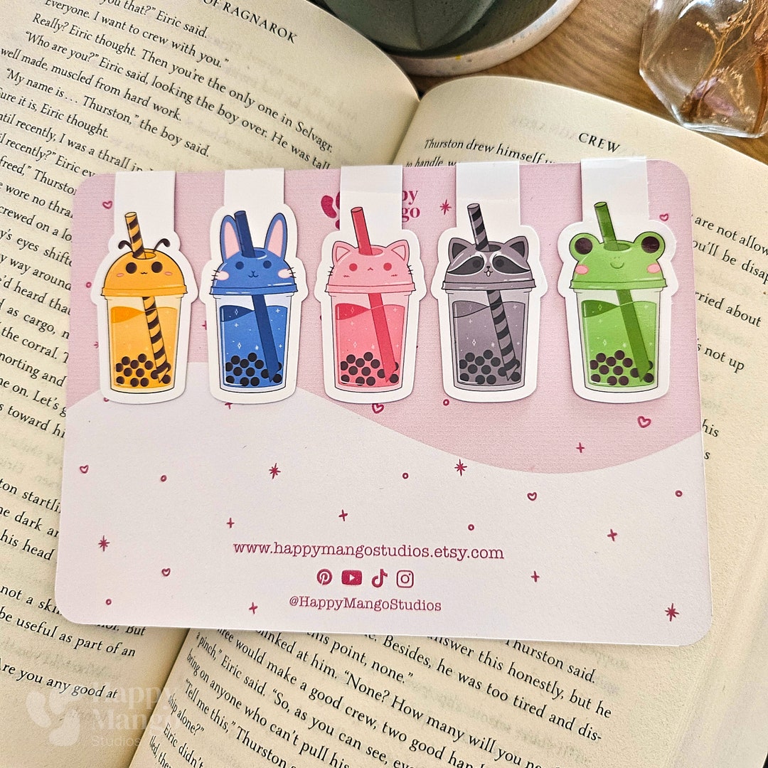 Cute Boba Tea Animal Handmade Magnetic Bookmark, Glitter or Glossy ...