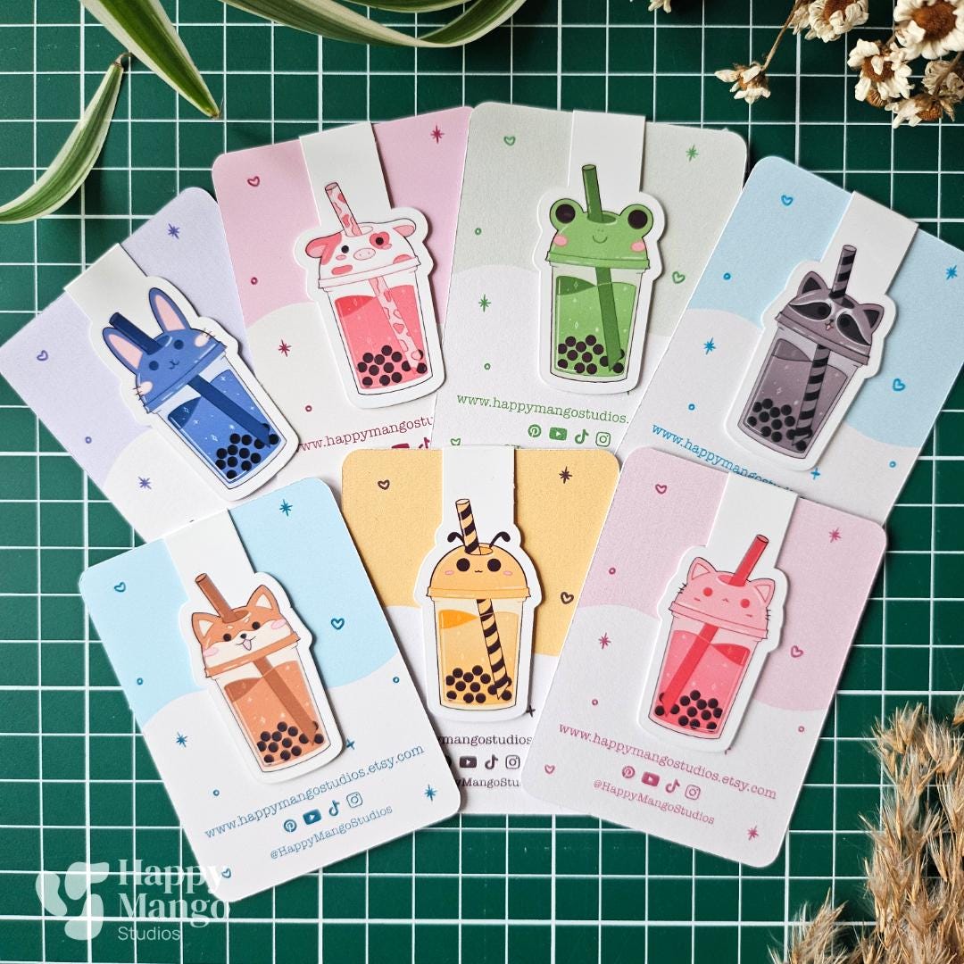 Boba Tea Animals - Cute Magnetic Bookmarks – Handmade - Bee, Bunny, Cat ...