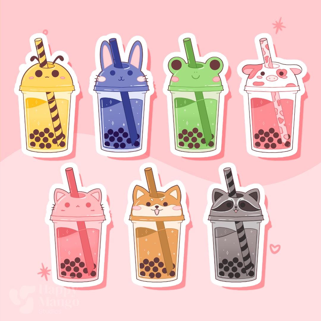 Cute Bubble Tea Animal Stickers, Kawaii Boba Tea Handmade Stickers for ...