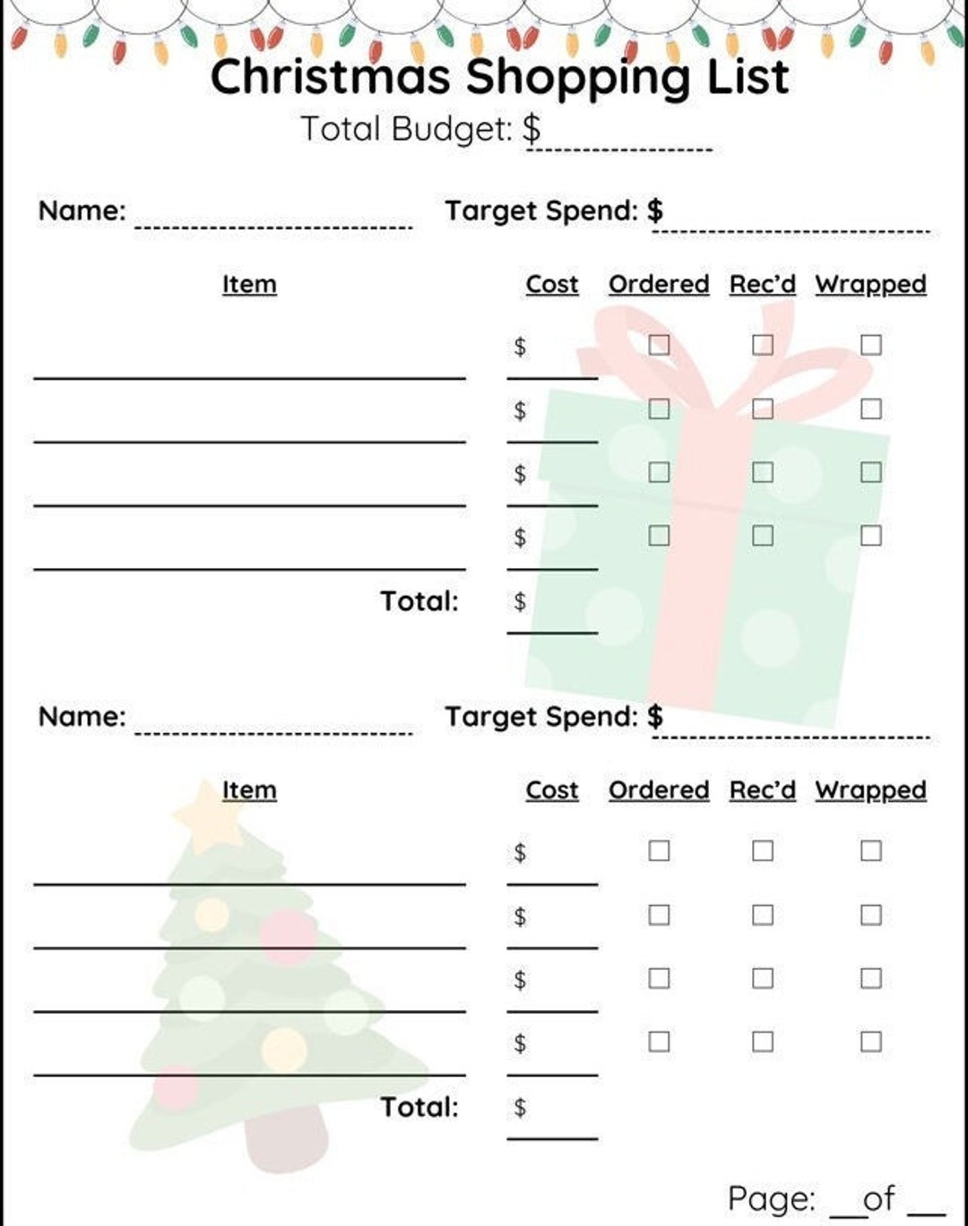Christmas Gift Shopping List - Budget - Planning Tool - Downloadable ...