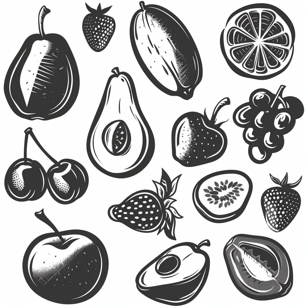 Black and White Fruit Illustrations SVG, Kitchen Decor Vector Art ...